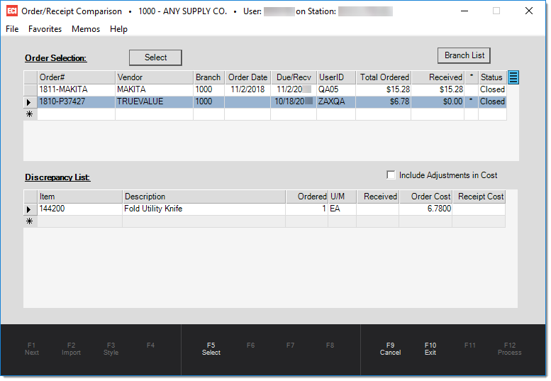 Inquiry > Order(PO)/Receipt Comparison